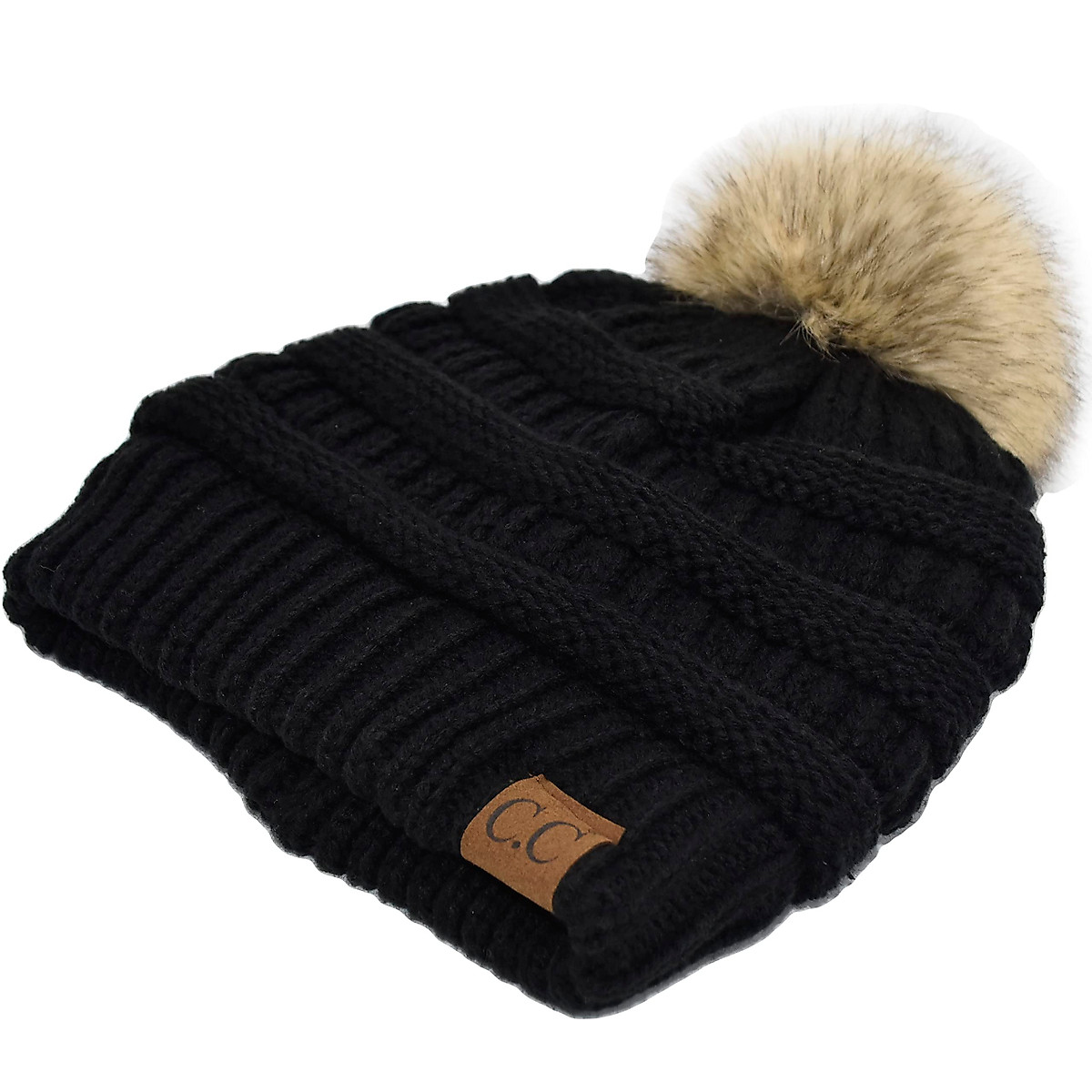 C.C Trendy Fuzzy Sherpa Fleece Lined Warm Soft Stretch Cable Knit Faux Fur Pom Pom Skull Cap Cuff Beanie Hat