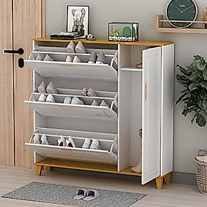 AIEGLE Shoe Cabinet with 3 Flip Drawers & Locker, Floor Shoe Storage Organizer Wood Shoe Rack for Entryway Halloway Living Room, White (3 Flip Drawers & Locker)