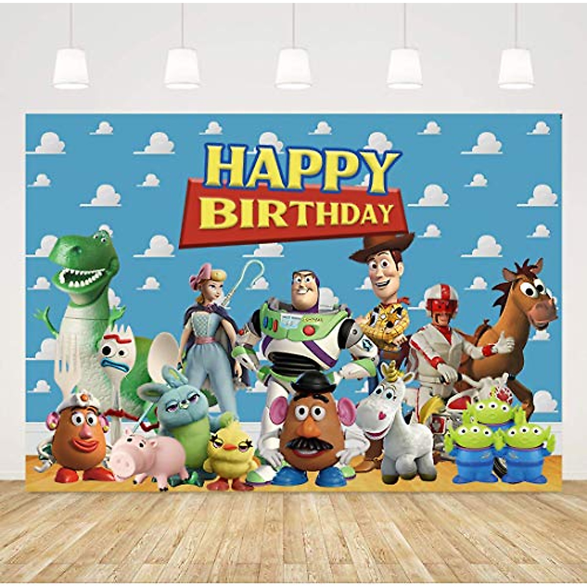 Toy Story Theme Happy Birthday Party Photography Backdrops Blue Sky White Clouds Indoor Banner 5x3ft Kids Birthday Party Photo Background Cake Table Decoration Supplies Studio Booth Props