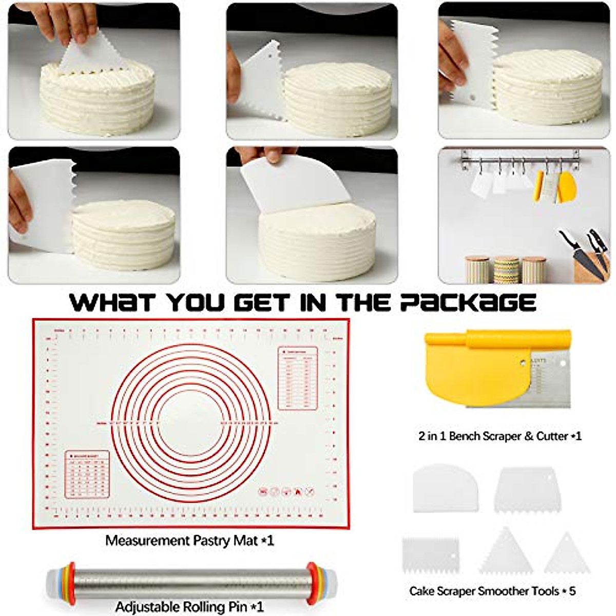 Rolling Pin with Adjustable Thickness Rings Stainless Steel 17.5" Dough Roller, 24"x16" Nonstick Silicone Pastry Mat Bench Dough Scraper Pizza Cutter Cake Smoothers Set for Baking Cookie Fondant Pie