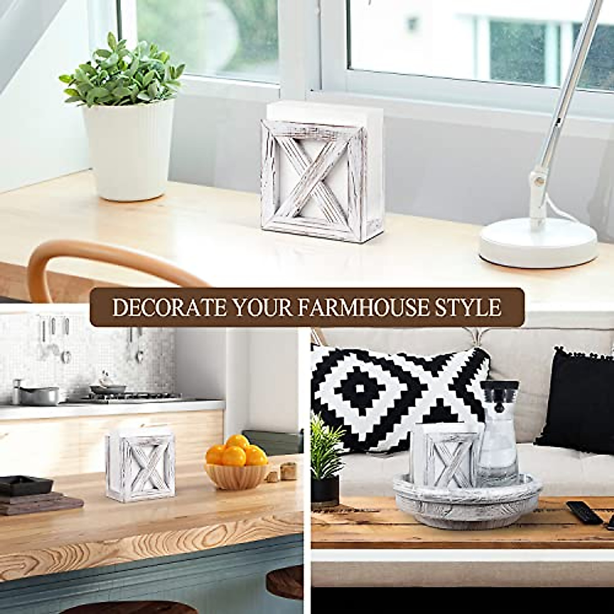 PUERSI Farmhouse Wooden Napkin Holder for Tables, Rustic Kitchen Decor for Counter, Ideal Napkin Dispenser for Dining Counter tops (White)