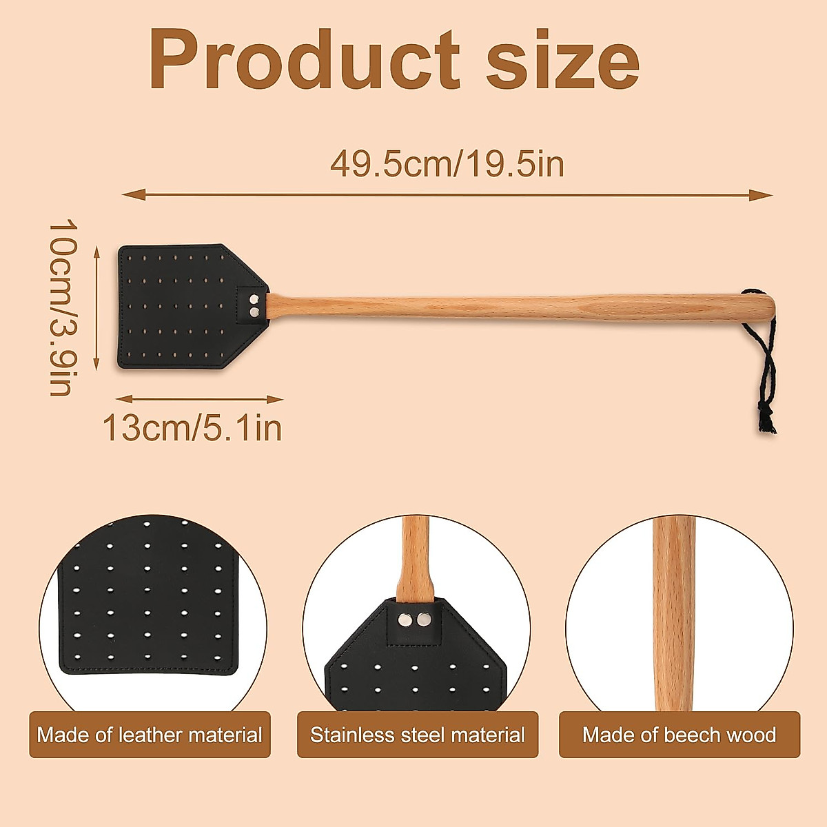 2pcs Leather Fly Swatter, Manual Heavy Duty Flyswatter with Long Wood Handle and Hanging Rope Durable Fly Swatter Catcher Wasp Swatter for Indoor Outdoor Home Fly