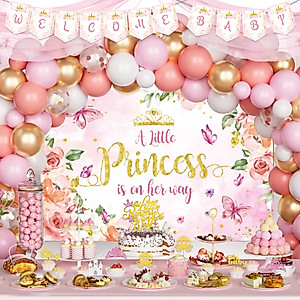 Fiesec Princess Baby Shower Decorations, A Little Princess Is On Her Way Baby Shower Backdrop Banner Balloon Tablecloth Cake Cupcake Topper Box Cutout Crown for Girls Baby Shower Gender Reveal