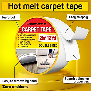 Double Sided Carpet Tape - Rug Grippers Tape for Area Rugs and Hardwood Floors Safe - Carpet Binding Tape Removable, Residue Free, Strong Adhesive and Heavy Duty Stickers Tape, 2 Inch / 12 Yards