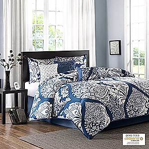 Madison Park Vienna Sateen Cotton Comforter Set, Breathable, Soft Cover, Trendy, All Season Down Alternative Cozy Bedding with Matching Shams, King, Indigo 7 Piece