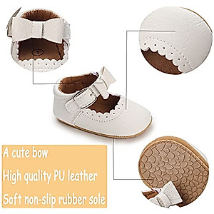 Timatego Baby Girl Mary Jane Flats Lace Bow Non-Slip Soft Sole Newborn First Walker Wedding Princess Party Dress Shoes(6-12 Months Infant P White)