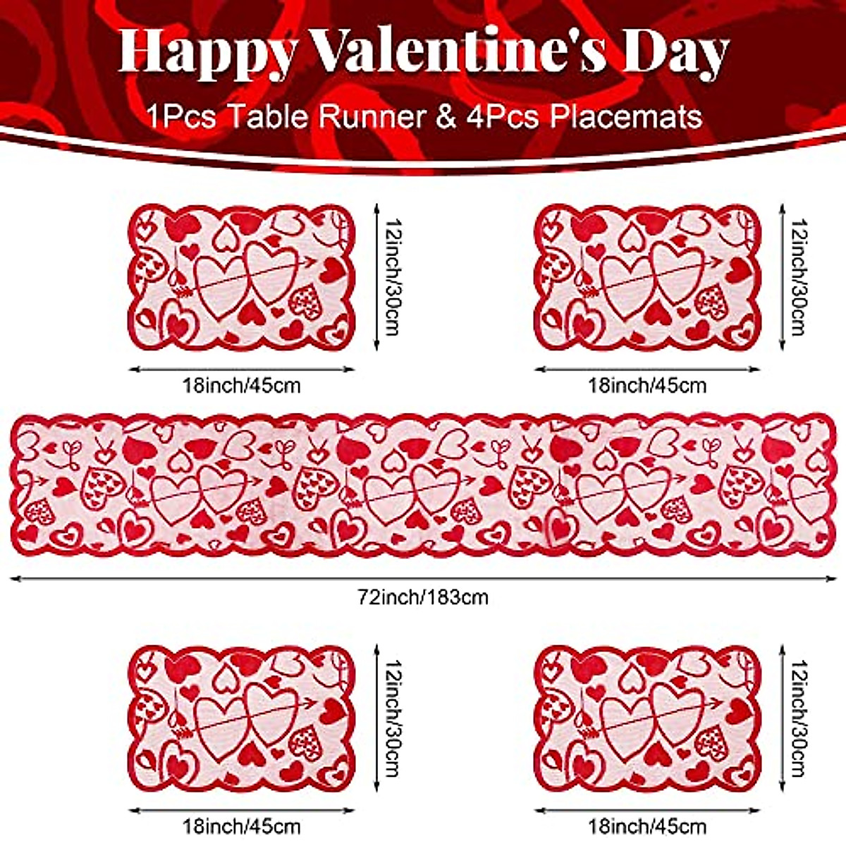 Valentines Day Decorations Table Runner with 4 Placemats, 13 x 72 Inch Red Rose Romantic Lace Table Mats Set for Valentine's Day Wedding Anniversary Party Supplies Home Table Dinner Decor