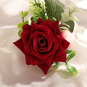 Kercisbeauty 2pcs Red Rose Corsage Set for Wedding Bridesmaid Flower Wristlet Band for Homecoming Prom Girls (Red)