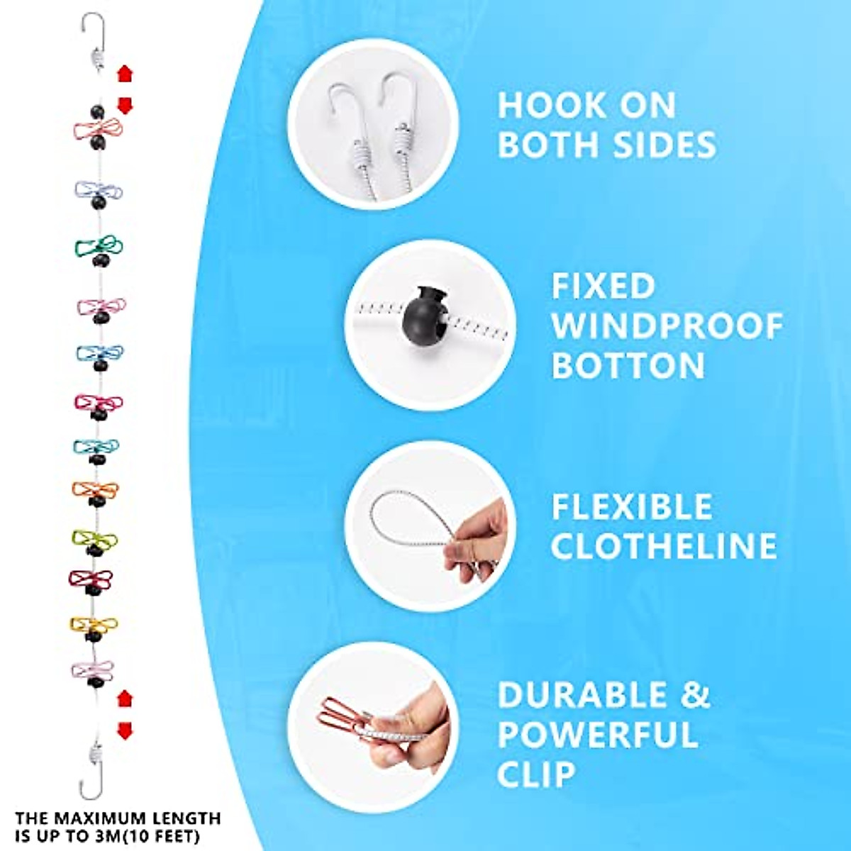 Portable Clothesline with 12 Clothespins, Retractable Travel Clothesline, Suitable for Home Indoor and Outdoor Drying, as Well as Balcony, Outdoor Camping use