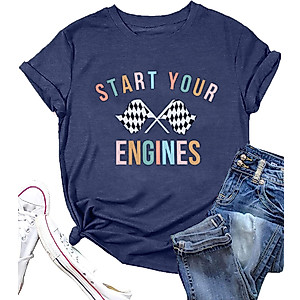 BANGELY Start Your Engines Tshirt Checkered Flag Racing Shirts Raceday Casual Unisex Short Sleeve Tee Tops