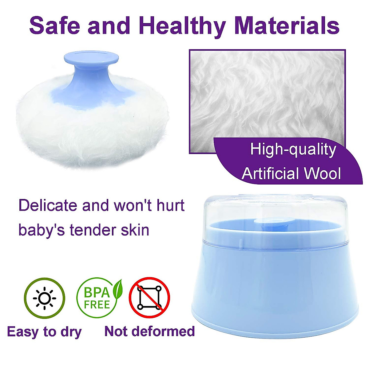 BPA Free Baby Powder Puff Box, Large 2.8" Fluffy Body After-Bath Powder Case, Baby Care Face/Body Villus Powder Puff Container, Makeup Cosmetic Talcum Powder Container with Hand Holder (Blue)