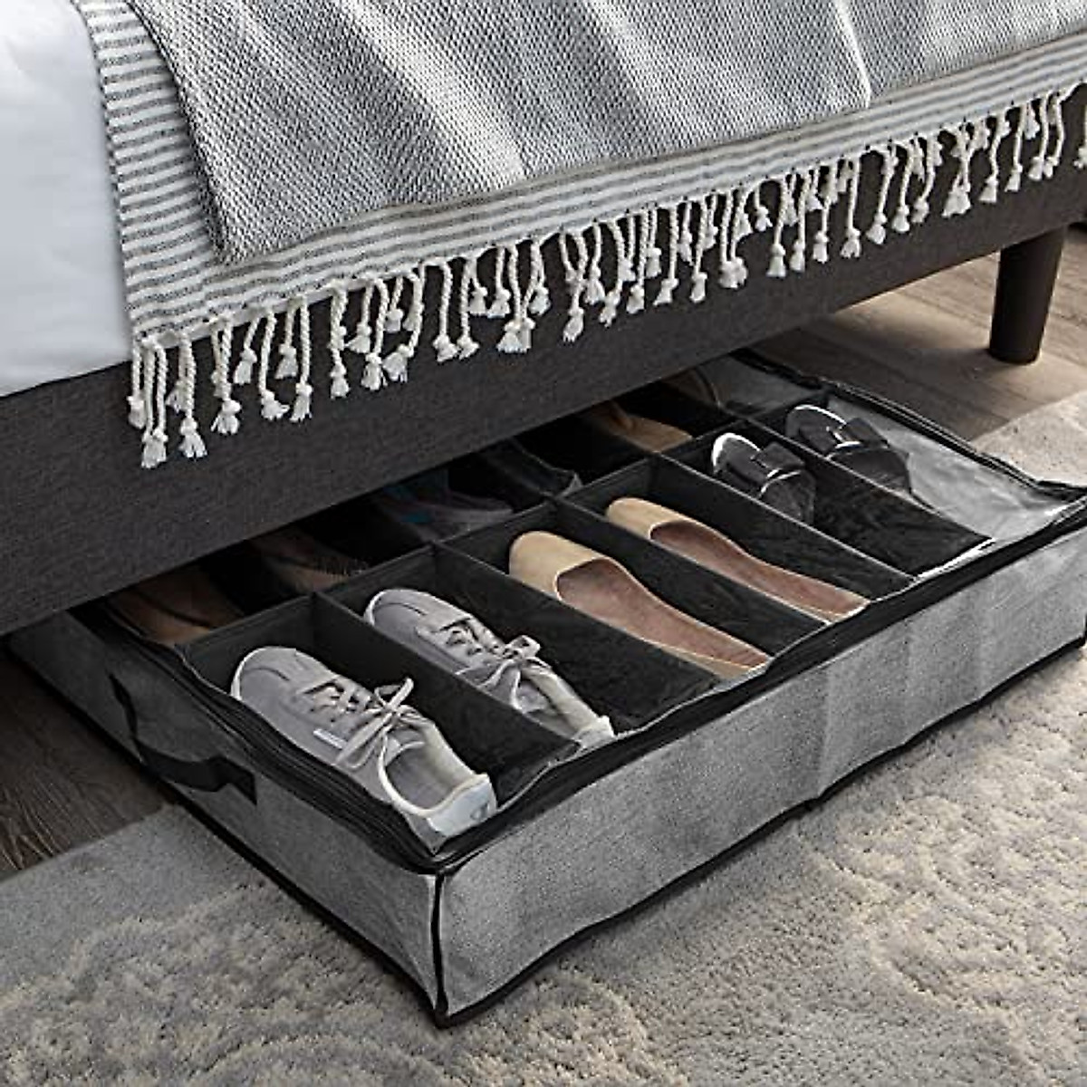 Simplify Black 12 Pair Under The Bed Box/Bag, Shoe, Space-Saving, Storage Solution, Closet Organizer, Made with Breathable Material