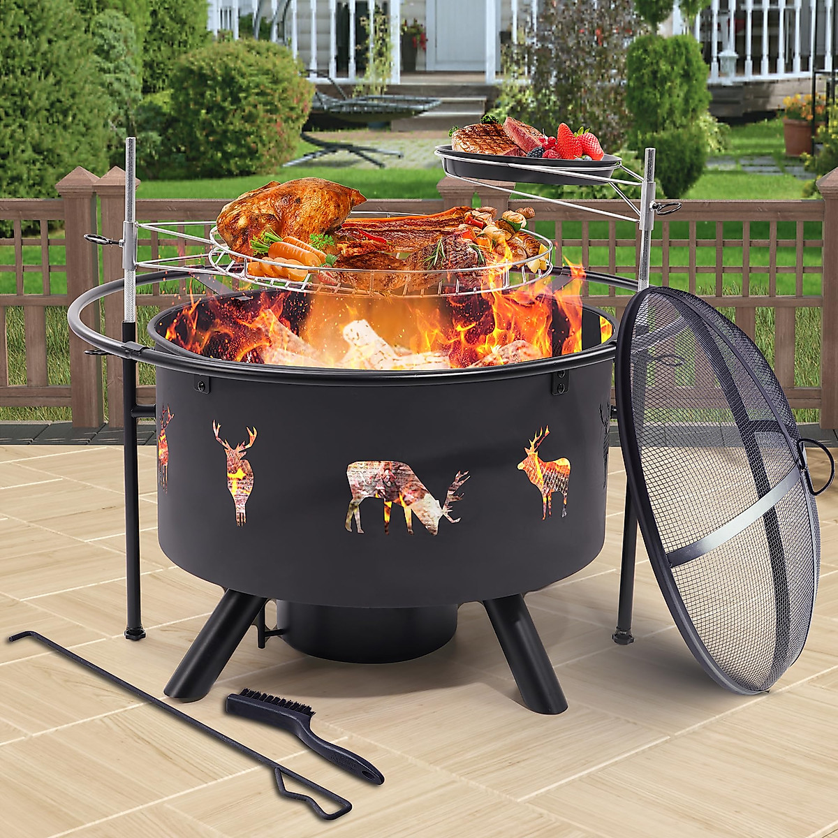 NATURAL EXPRESSIONS 32 Inch Large Fire Pit with 2 Grills, Outdoor Wood Burning Fire Pit with Cooking Grate, Lid, Poker and Round Waterproof Cover for Patio, Ourside, Bonfires, Picnic, Party.