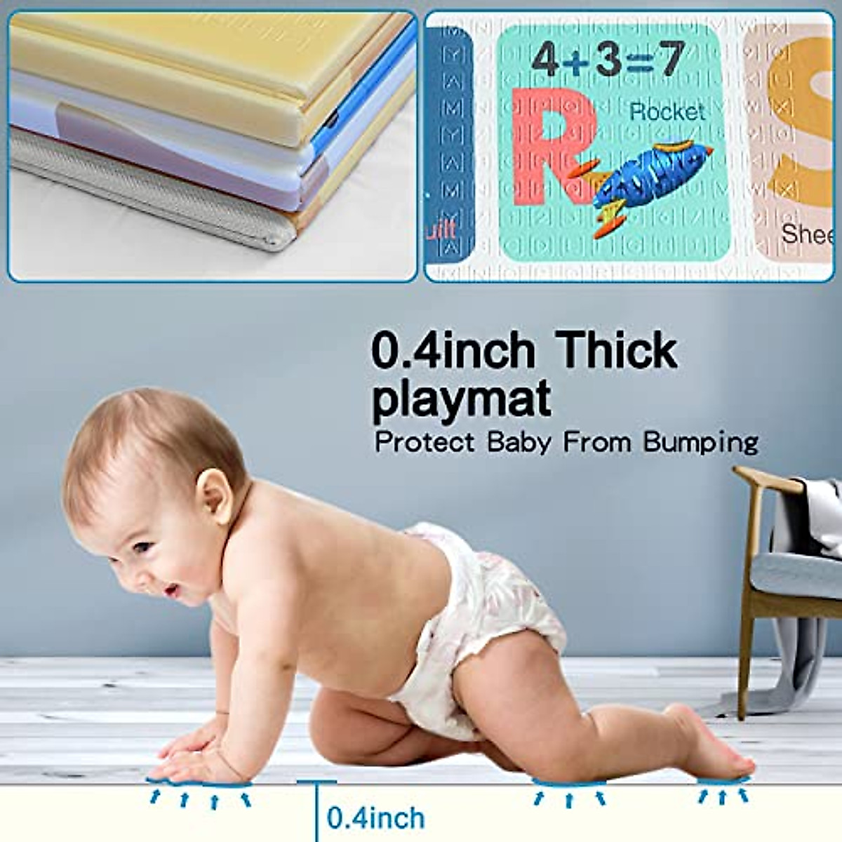 SANNI Baby Play Mat - Reversible, Foldable, Portable Extra Large Thick Foam Crawling Mat for Infants, Babies, Toddlers - Indoor & Outdoor Use, BPA-Free with Travel Bag (78"x71")