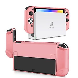 TNP Switch OLED Dockable Case - Pink, for Nintendo Switch OLED Model 2021, Cute Protective Case Cover, Hard PC Shell coated with Silicone Skin for Switch OLED Accessories Console & JoyCon Controller