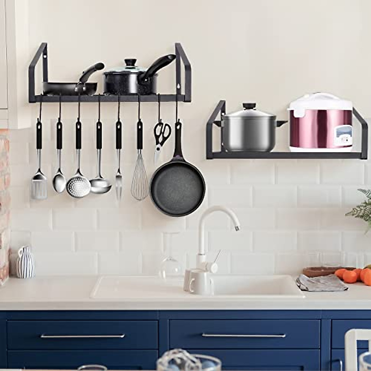 Giikin Hanging Pot Rack Set of 2, Kitchen Wall Mounted Pot and Pan Hanger Rack Organizer, Wall Storage Shelves for Household Utensils and Cookware Holder with 16 S Hooks(Black)