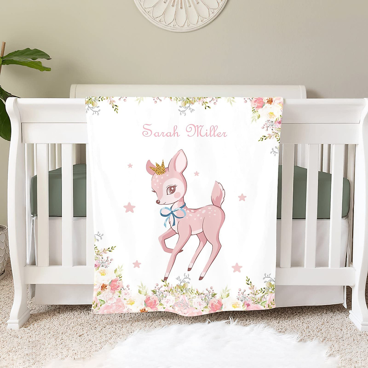 Pink Bambi Deer Floral Personalized Baby Blanket for Boys Girls Custom Naps Swaddle Blanket Shower Soft Newborn 30X40 in