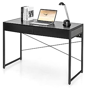 Tangkula Computer Desk with 2 Drawers, Simple Wooden Study Writing Desk with Steel Frame, 44 Inches Laptop PC Workstation, Student Desk Home Office Desk Ideal for Bedroom & Office (Black)