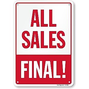 SmartSign “All Sales - Final” Store/Business Policy Sign, 10 x 7 inch, Digital Printing, 55 mil HDPE Plastic, Red and White, Made in USA