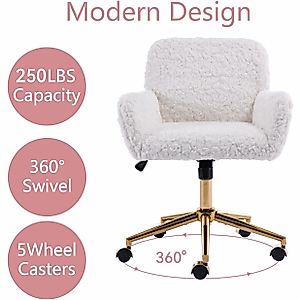 White Faux Fur Home Office Chair,Upholstered Elegant Desk Chair Makeup Vanity Chair for Girls,Swivel Desk Chair with Gold Base,Height Adjustable Tiltable Computer Chair,Cute Desk Chair for Kids