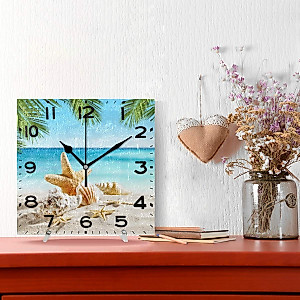 Naanle 3D Tropical Seashells Starfish on Summer Beach Sand Silent Square Wall Clock, 8 Inch Battery Operated Quartz Analog Quiet Desk Clock for Home,Office,School