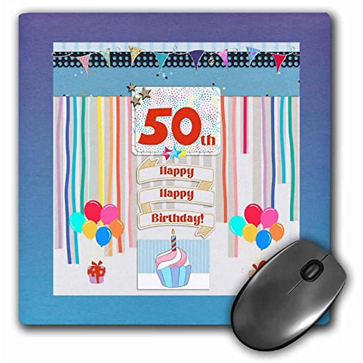 3dRose Image of 50th Birthday Tag, Cupcake, Candle, Balloons, Gift,... - Mouse Pads (mp_359611_1)