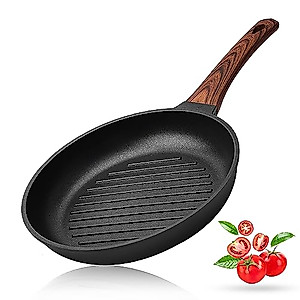 Vinchef 10 Inch Aluminum Nonstick Grill Pan for Stove Tops|Round Grill Pan With Wooden Stay Cool Handle|Induction Compatible