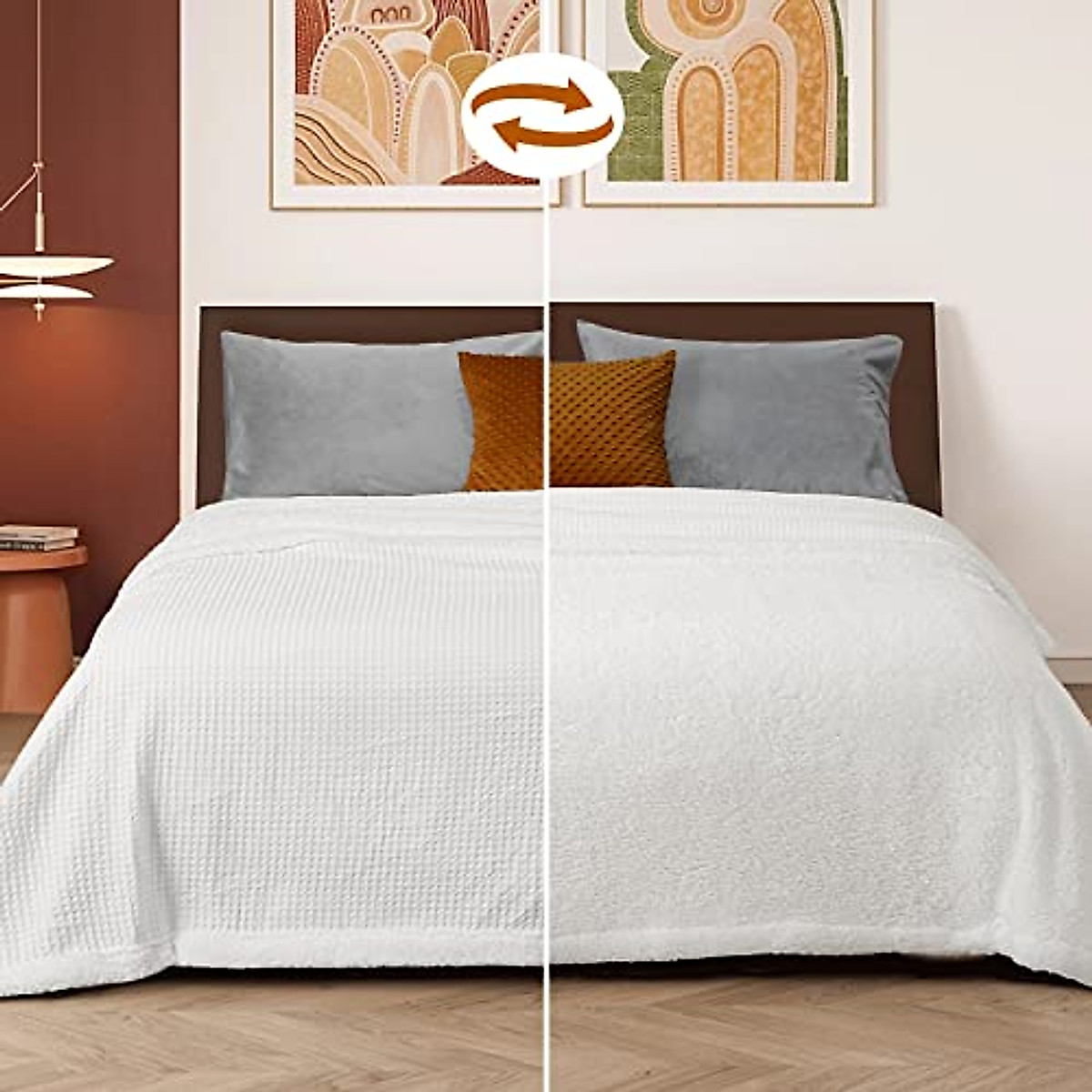 PHF Waffle Sherpa Blanket King Size, Luxury Warm Plush Flannel Blanket for Winter, No Shed No Pilling Cozy Soft Waffle Weave Fleece Blanket for Bed and Couch, White, 104x90 Inches