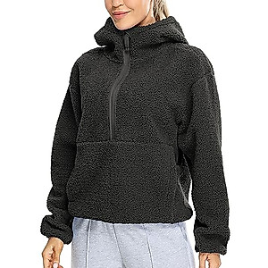 icyzone Women's Half Zip Hooded Sherpa Fleece Pullover Jacket, Oversized Warm Fuzzy Sweatshirt with Pockets (Black, L)