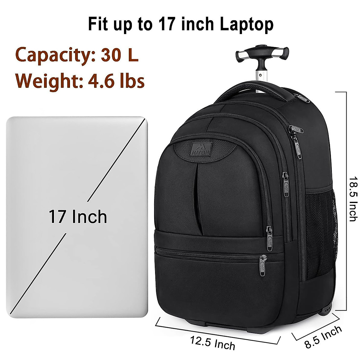 Rolling Backpack,Water Resistant Wheeled Travel Backpack,Laptop Backpack for Women Men,Carry on Luggage Backpack Fit 15.6 inch Notebook,Trolley Suitcase Business Bag College Student Computer Bag,Black