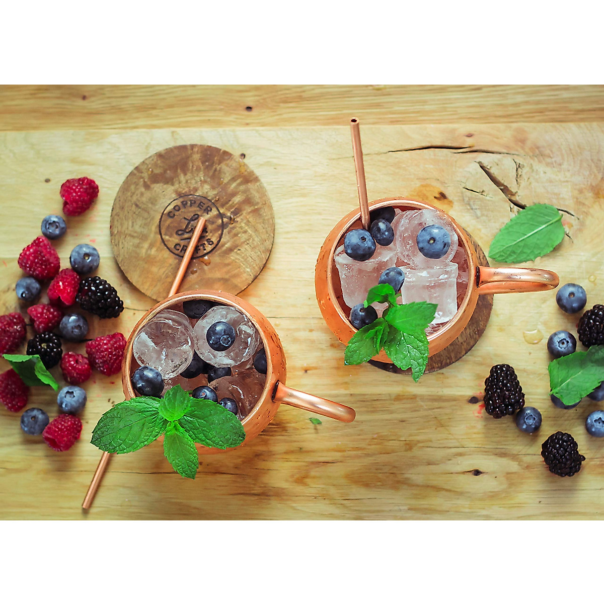 Moscow Mule Copper Mugs Set - 4 Authentic Handcrafted Copper Mugs (16 oz.) with 2 oz. Shot Glass, 4 Straws, 4 Solid Wood Coasters and Recipe Book - Gift Box Included