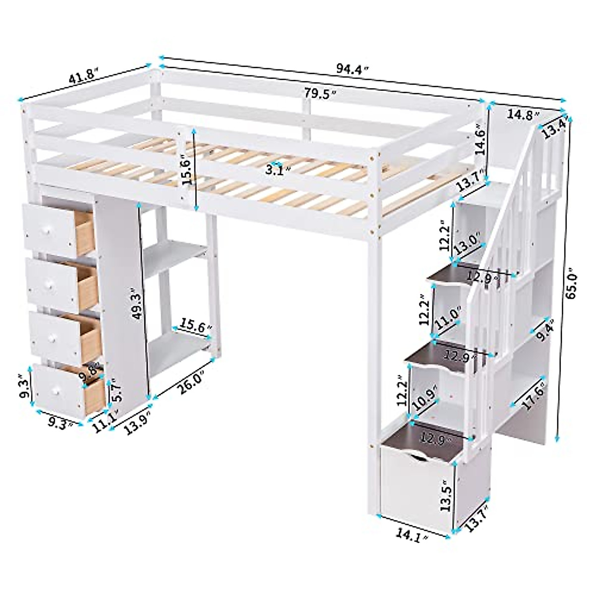 CITYLIGHT Twin Size Loft Bed with Storage Drawers and Stairs, Wooden Twin Loft Bed with Storage Shelves, High Loft Bed Twin for Kids, Teens, Boys & Girls (White)