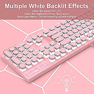 Camiysn Typewriter Style Mechanical Gaming Keyboard, Pink Retro Punk Gaming Keyboard with White Backlit, 104 Keys Blue Switch Wired Cute Keyboard, Round Keycaps for Windows/Mac/PC