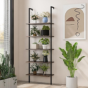 Tangkula 5-Tier Bookshelf, Modern Wall Mounted Ladder Shelf, 5 Tiers Wood Wall Open Bookcase with Metal Frame, Home Office Display Storage Shelves for Collection, Plant Flower Stand (1, Brown)