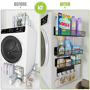 4 Pack Magnetic Shelves for Washing Machine, Magnetic Spice Rack Organizer for Refrigerator, Washing Machine Shelf, Magnetic Laundry Organization and Storage, Laundry Baskets with Hook Shelf, Black