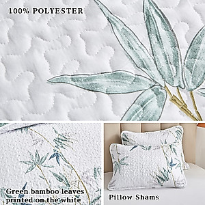 Botanical Quilt Set 3 Pieces Full/Queen Size, Green Leaves Printed on White Reversible Bedspread Coverlet Set, Soft Microfiber Lightweight Bed Cover for All Season (90" x 90", 1 Quilt+ 2 Pillow Shams)