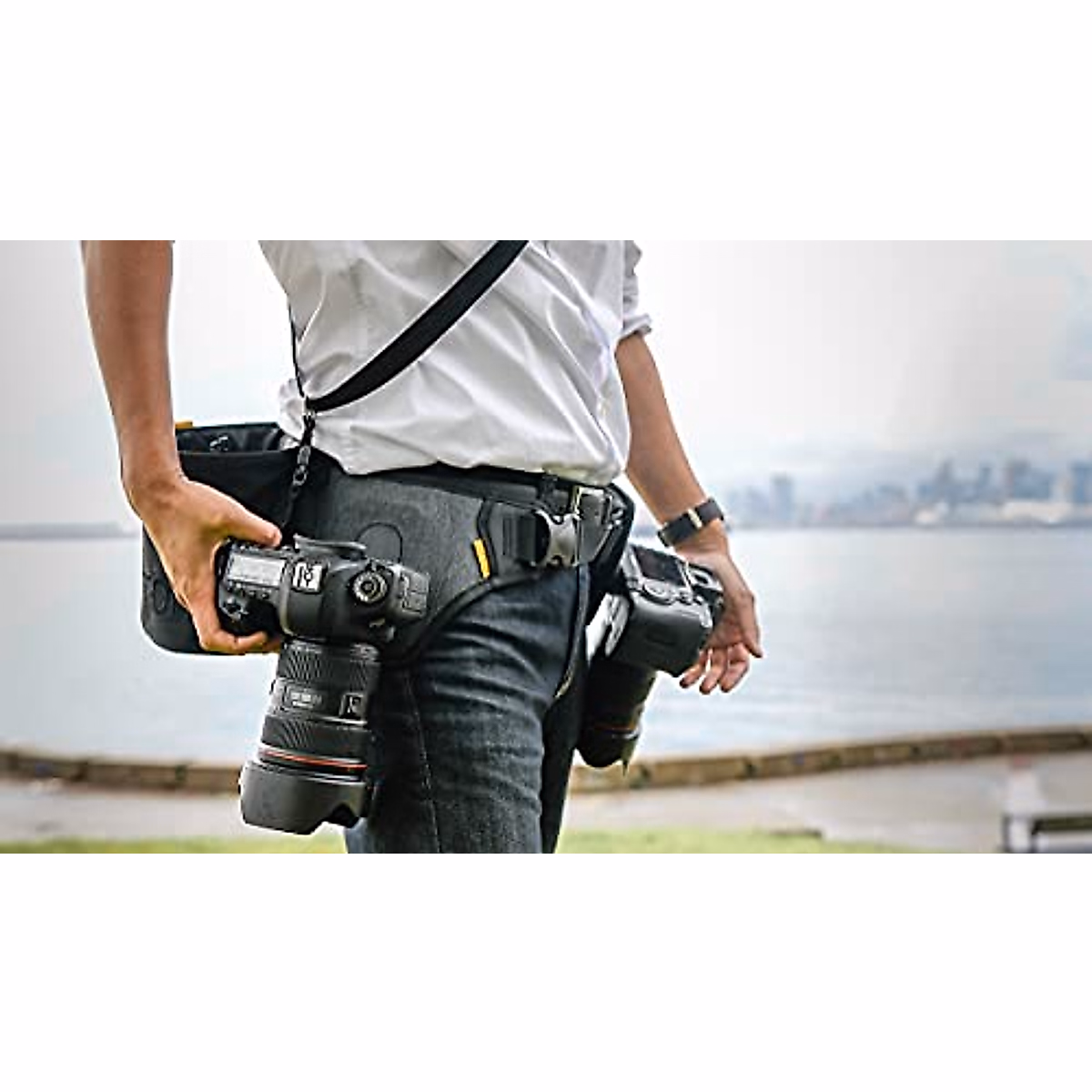 Cotton Carrier Slingbelt with Tether for One Camera. Camera Harness for Hiking and Traveling for Hands-Free Carrying