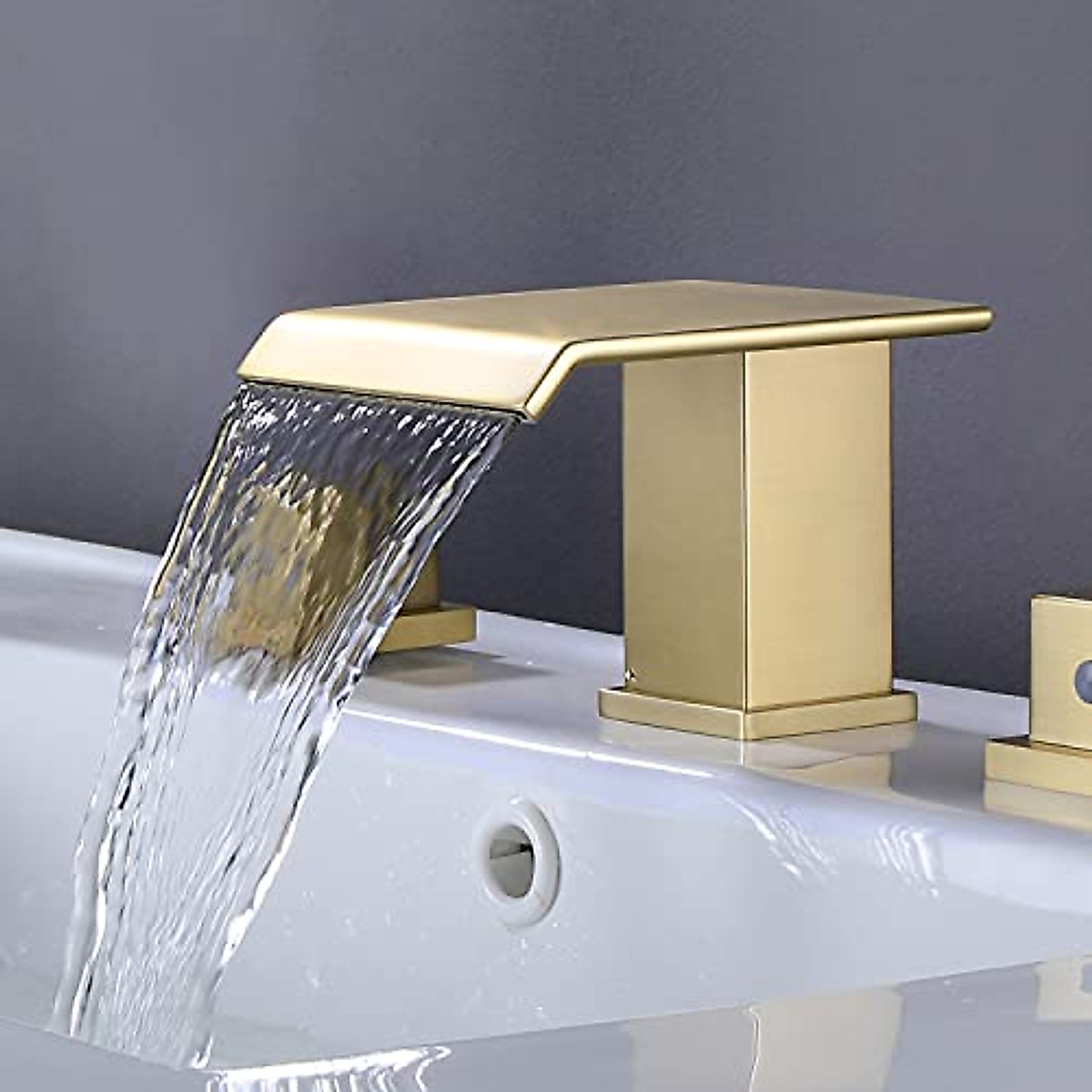 TapLong Solid Brass Modern Waterfall Bathroom Basin Faucet 3 Holes 2 Square Handles Brushed Gold Sink Faucet