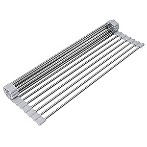 Elyum Dish Drying Rack Over The Sink Dish Drying Rack Stainless Steel Roll Up Dish Drying Rack Foldable Dish Rack for Kitchen Counter Dishes Cups Bottles Fruits Forks (17.7” x 10.2”, Gray)