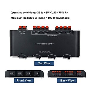A ADWITS 4-Channel Speaker Switcher Selector Box with Terminal Claps 200W RMS Max 100W Switchable, Black