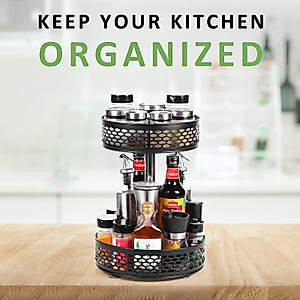 UNPARKY Lazy Susan Organizer for Cabinet, 2 Tier Lazy Susan Turntable for Table Countertop, Adjustable Height Turntable Organizer for Kitchen Pantry, Rotating Lazy Susan Spice Rack with Labels, Black
