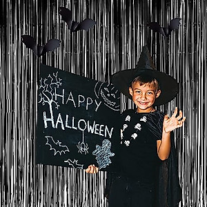 Black Fringe Halloween Backdrop - GREATRIL Black Streamers Outdoor Holiday Yard Decorations 3.2ft x 8.2ft 2 Packs