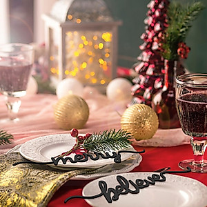 Christmas Cutouts Wood Table Place Card Believe Merry Peace Joyful Wood Word Holiday Place Settings for Christmas Thanksgiving Plate Decor Table Decorations (Black, 8)
