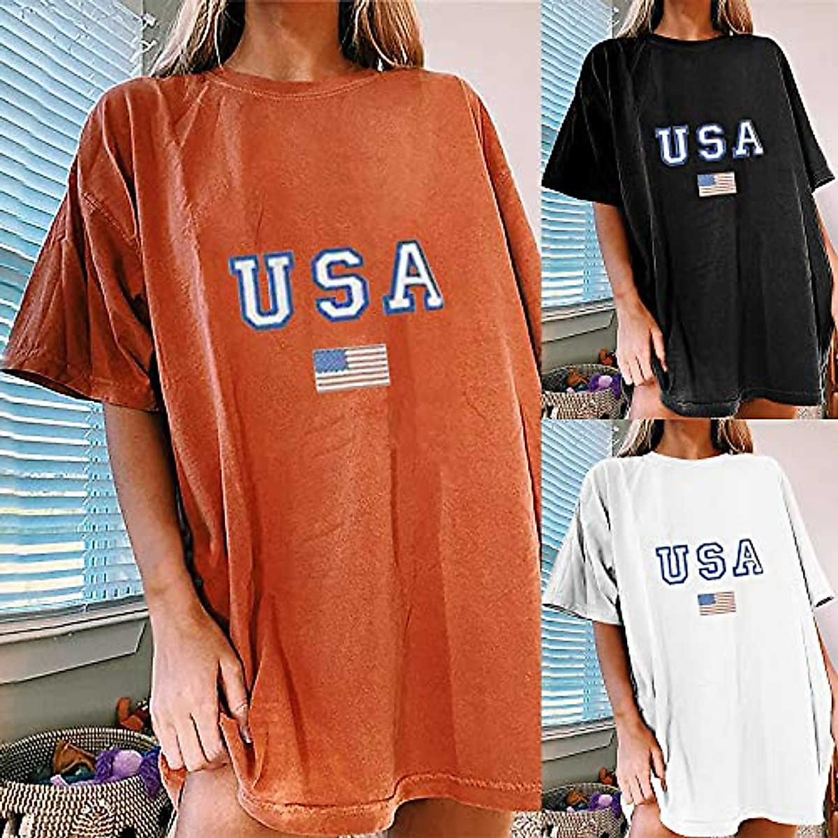 wodceeke Women's Independence Day Off-The-Shoulder Crew Neck Top T-Shirt Funny USA Flag Print Tee Casual Loose Tops (Black, XL)