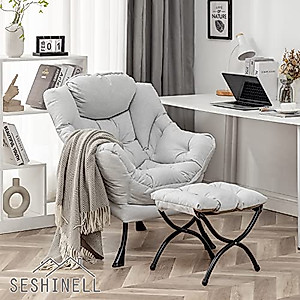 SESHINELL Lazy Chair with Ottoman, Modern Accent Chair Contemporary Lounge Leisure Sofa Chair with Armrests, Reading Chair and Folding Footstool Set for Living Room, Bedroom, Office, Light Grey