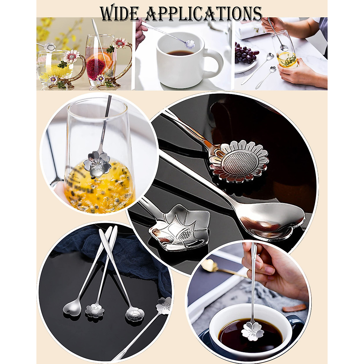 9 Pcs Flower Spoon Coffee Teaspoon Set, ESRISE Stainless Steel Tea Spoon essert Spoon, Cute Demitasse Scoop for Stirring Drink Mixing Milkshake Jam (Silver)