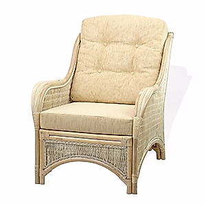 Jam Lounge Living Accent Armchair Natural Rattan Wicker Handmade Design with Cream Cushion, White Wash