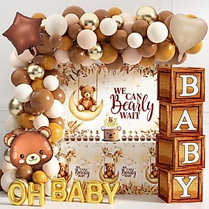 Teddy Bear Baby Shower Decorations for Boy Girl Bear Themed Birthday Party Supplies We Can Bearly Wait Backdrop Wood Grain Baby Boxes with Letters Balloon Arch for Gender Reveal Boy Baby Shower Decor
