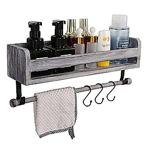 Satauko Wooden Floating Shelves with 8 Hooks for Kitchen Spice Rack, Wall Mounted Shelf with Towel Bar for Bathroom Organizer, Wall Hanging Book Shelves for Nursery Storage.(Grey)