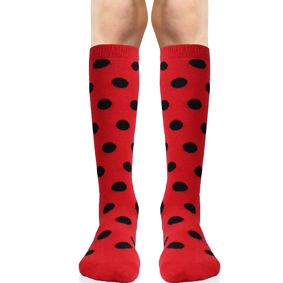 juDanzy Knee High Socks with Grips for Babies, Toddlers and Children (1 Pair) (4-6 Years, Red and Black Ladybug Dots)
